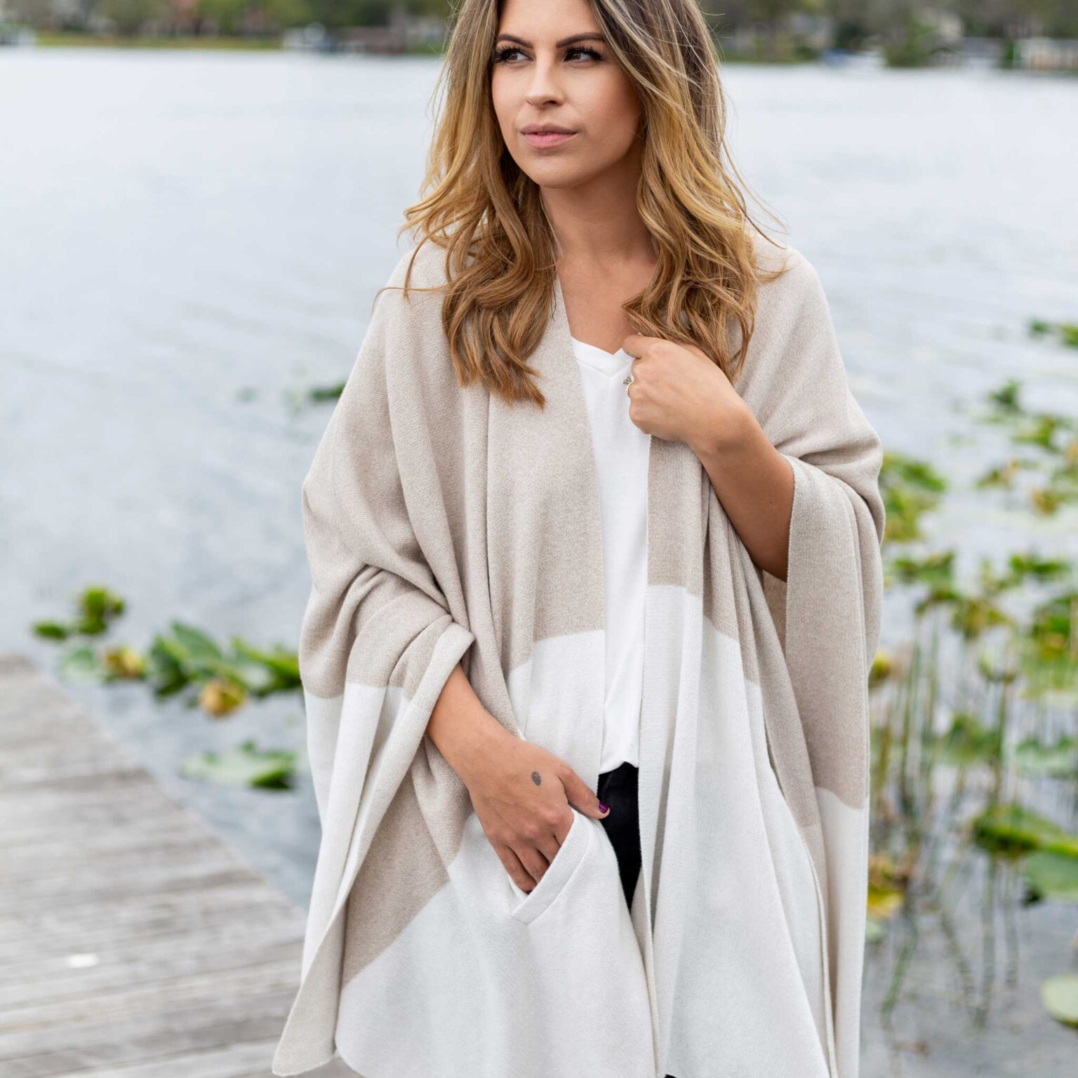 Organic Cotton Blanket Travel Wrap - Ivory Colorblock - Sustainable ...